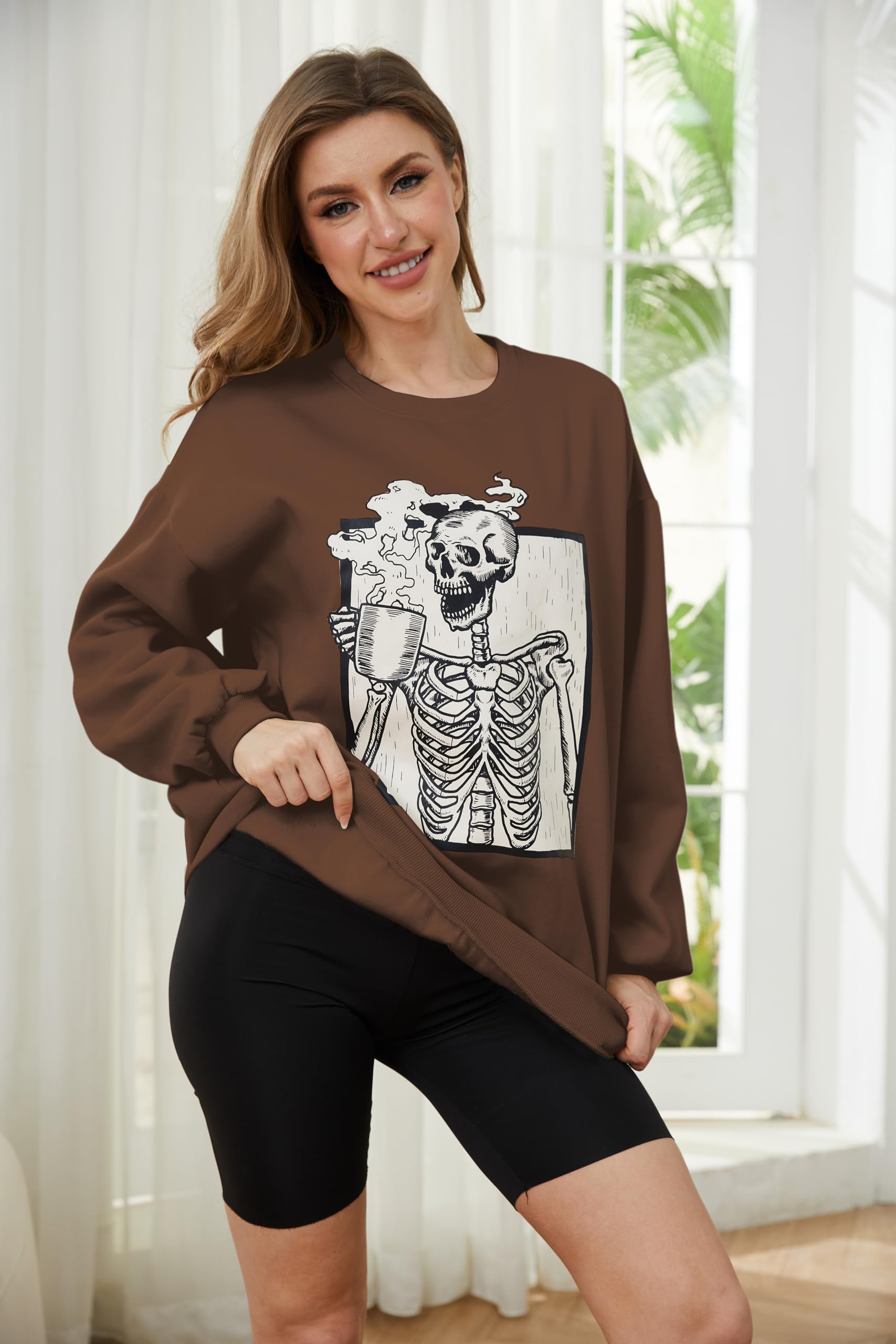 Meladyan womens Halloween Skull Graphic Print Fleece Oversized Sweatshirt Crewneck Long Sleeve Drop Shoulder Pullover, Vintage Brown, Large