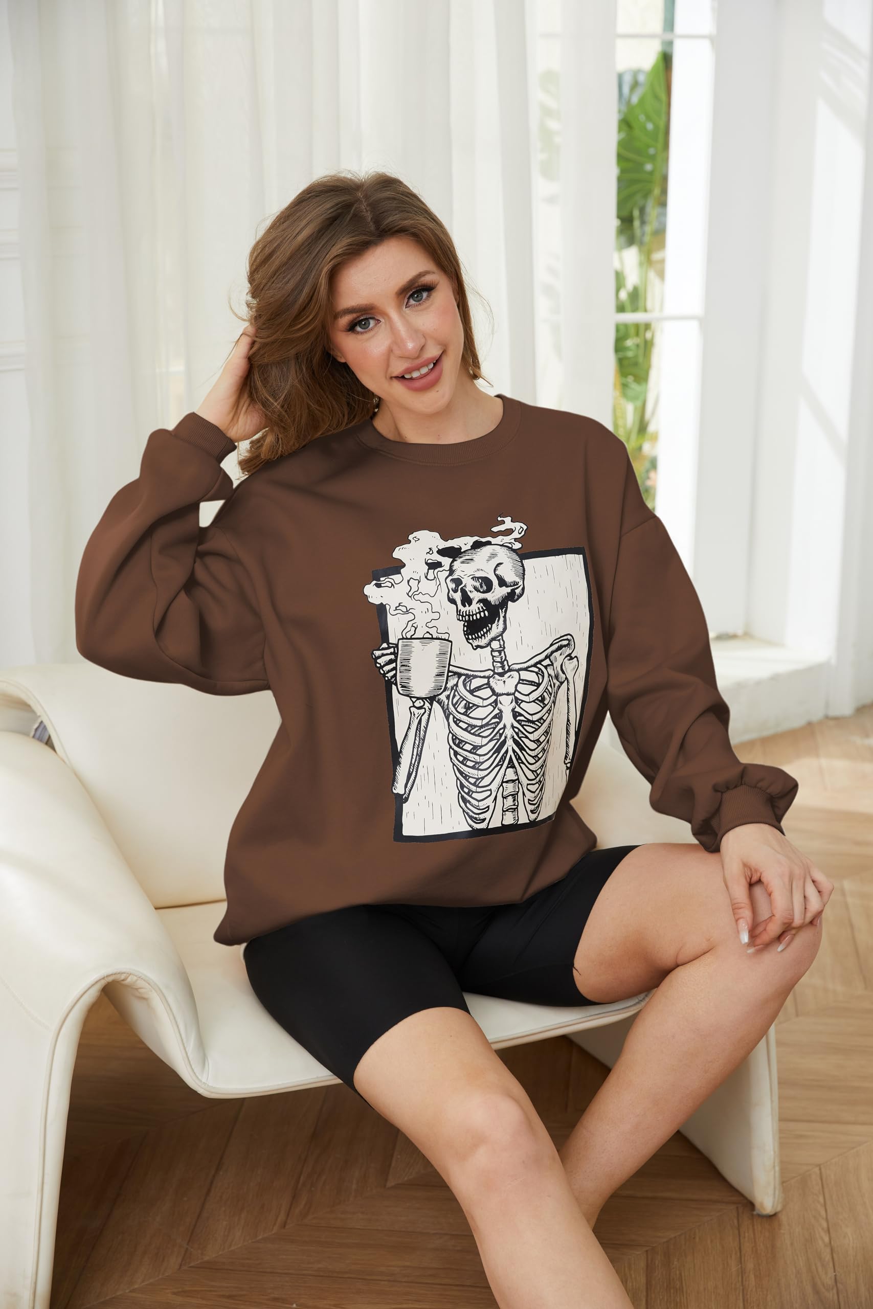 Meladyan womens Halloween Skull Graphic Print Fleece Oversized Sweatshirt Crewneck Long Sleeve Drop Shoulder Pullover, Vintage Brown, Large