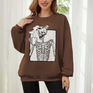 Meladyan womens Halloween Skull Graphic Print Fleece Oversized Sweatshirt Crewneck Long Sleeve Drop Shoulder Pullover, Vintage Brown, Large