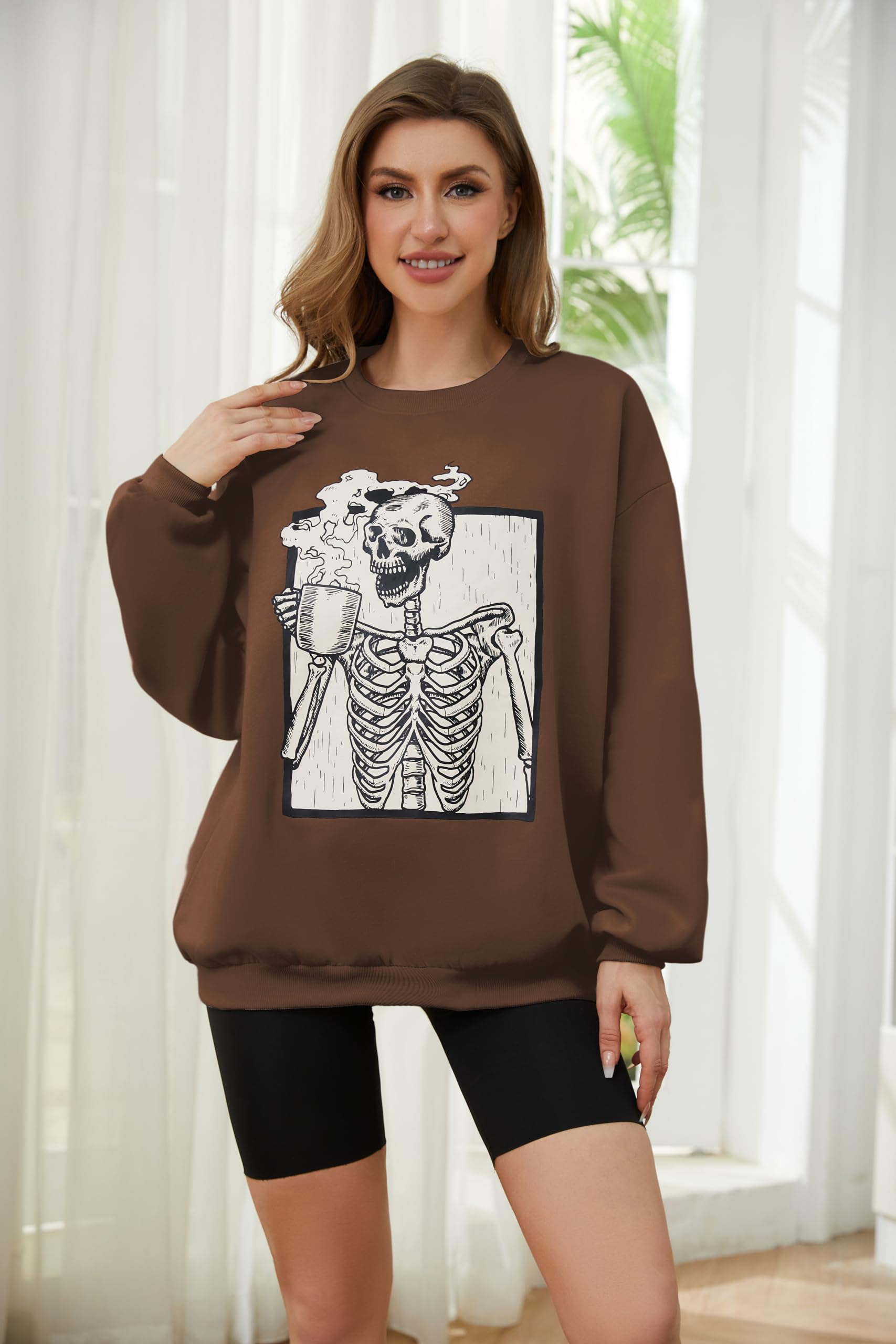 Meladyan womens Halloween Skull Graphic Print Fleece Oversized Sweatshirt Crewneck Long Sleeve Drop Shoulder Pullover, Vintage Brown, Large