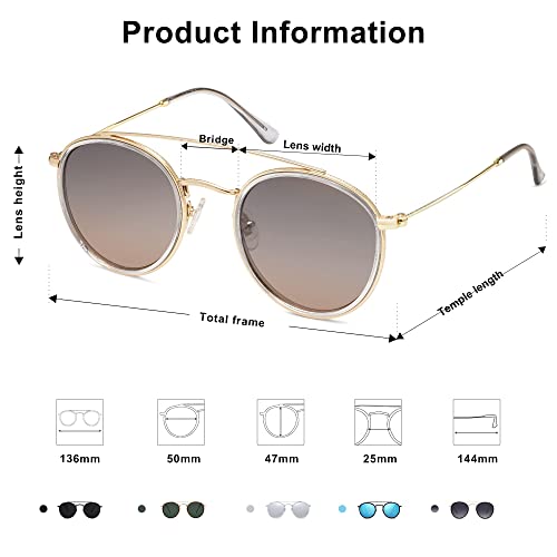 SOJOS Retro Round Double Bridge Polarized Sunglasses for Women Men Vintage Circle UV400 Sunnies SJ1104, Grey/Grey