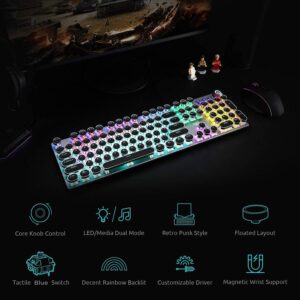 AULA F2088 Typewriter Style Mechanical Gaming Keyboard Blue Switches,Rainbow LED Backlit,Removable Wrist Rest,Media Control Knob,Retro Punk Round Keycaps,USB Wired Computer Keyboard