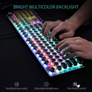 AULA F2088 Typewriter Style Mechanical Gaming Keyboard Blue Switches,Rainbow LED Backlit,Removable Wrist Rest,Media Control Knob,Retro Punk Round Keycaps,USB Wired Computer Keyboard