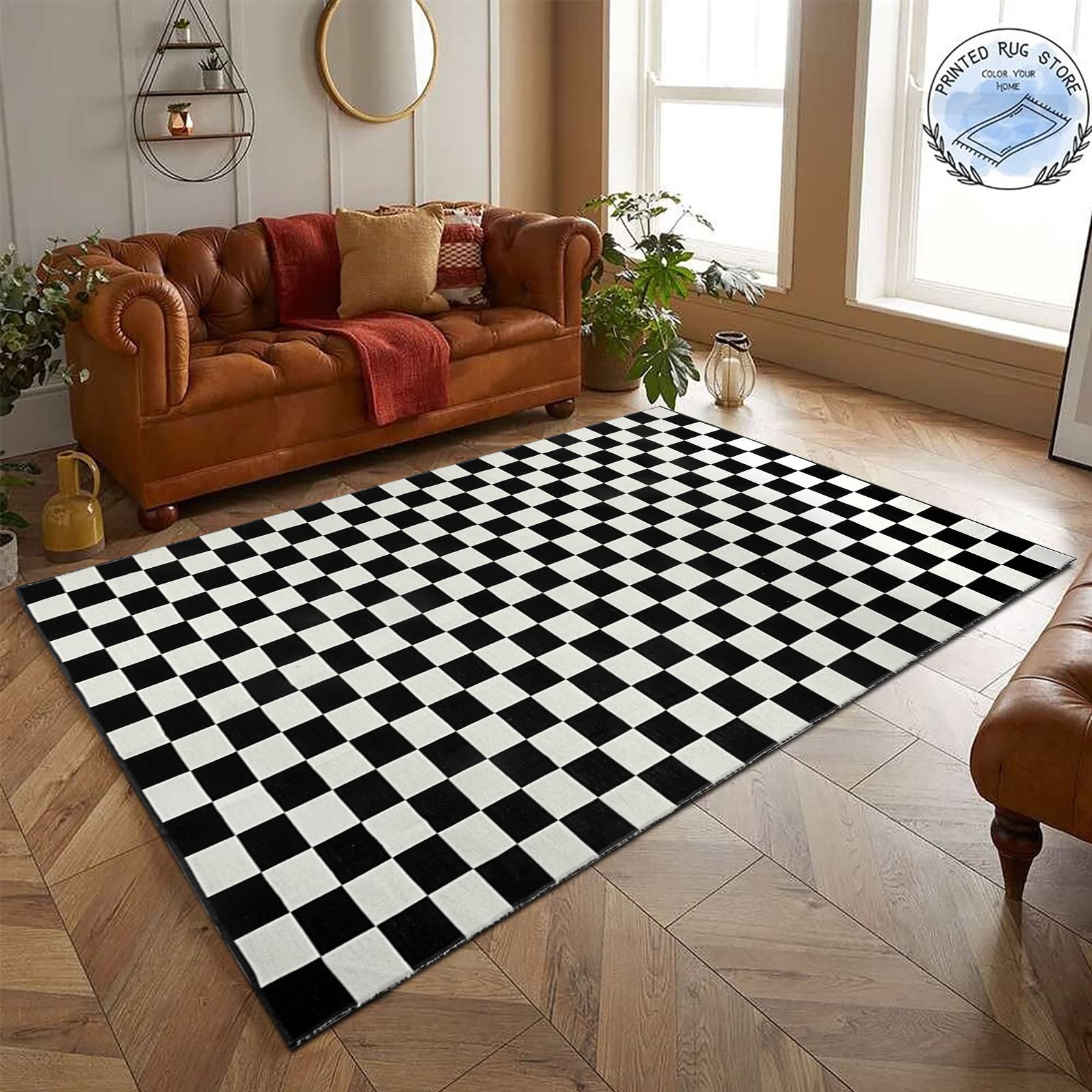 Seavish Checkered Rug, 5x8 Ft Black and White Rug Retro Checkerboard Moroccan Rug Lightweight Outdoor Washable Area Rug Carpet Rustic Decor for Living Room Bedroom Kitchen Patio