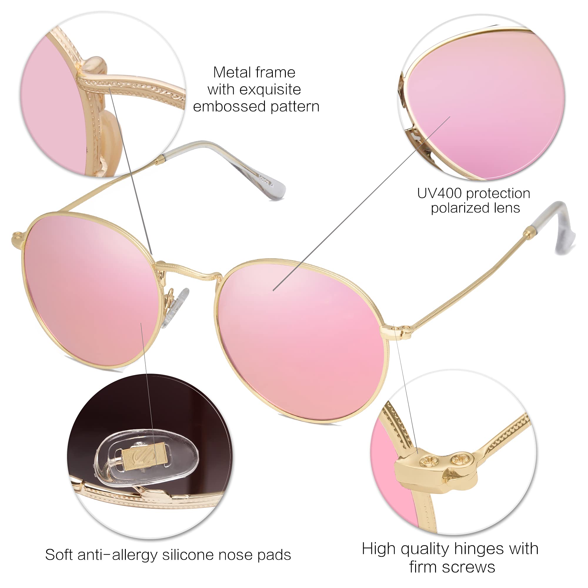 SOJOS Small Round Polarized Sunglasses for Women Men Classic Vintage Retro Shades UV400 SJ1014, Pink