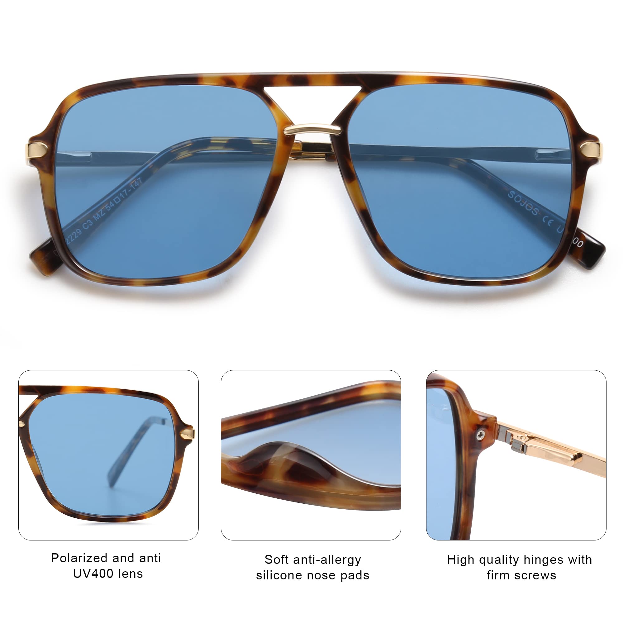 SOJOS Sunglasses for Women & Men, Square, Retro, Polarized Lens, Trendy Aviator, 90s Shades (SJ2229, Brown Tortoise Blue)