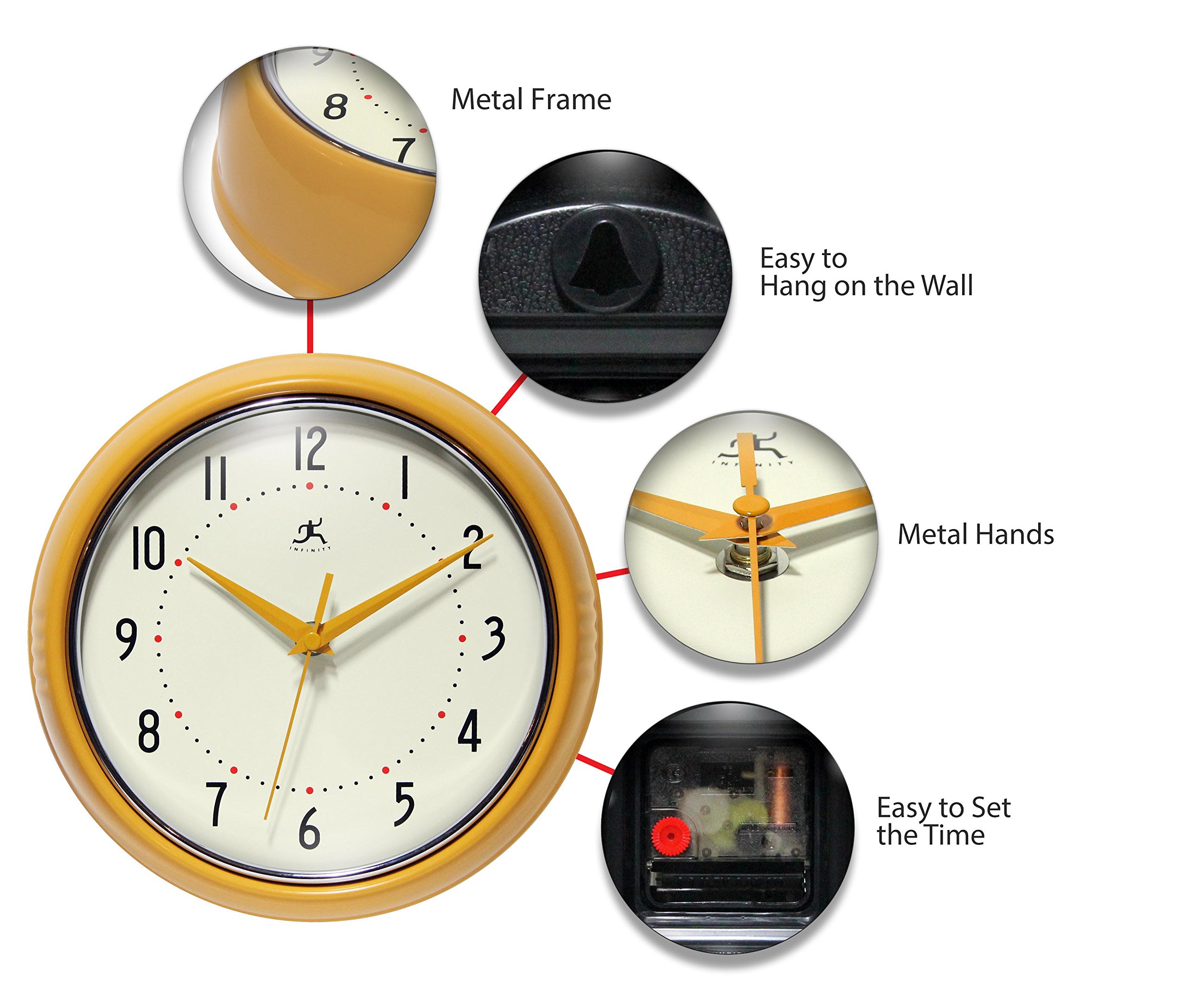 Infinity Instruments LTD. Retro 9 inch Silent Sweep Non-Ticking Mid Century Modern Kitchen Diner Wall Clock Quartz Movement Retro Wall Clock Decorative (Saffron Yellow)…