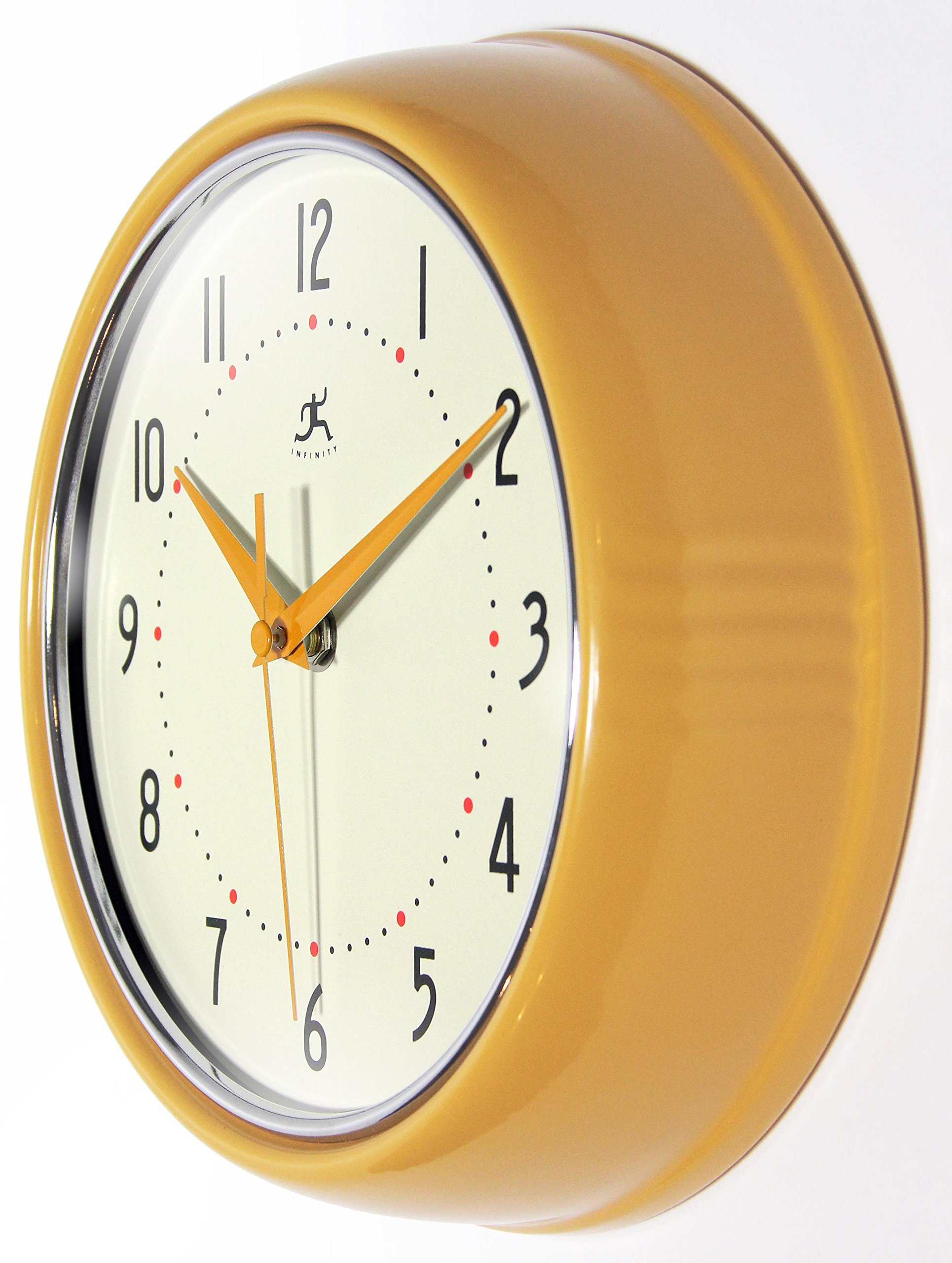 Infinity Instruments LTD. Retro 9 inch Silent Sweep Non-Ticking Mid Century Modern Kitchen Diner Wall Clock Quartz Movement Retro Wall Clock Decorative (Saffron Yellow)…