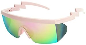 shadyveu semi rimless neon rainbow sunglasses mirrored lens uv protection 80s retro rave shades crooked zigzag bolt arm (light pink frame/pink lens)