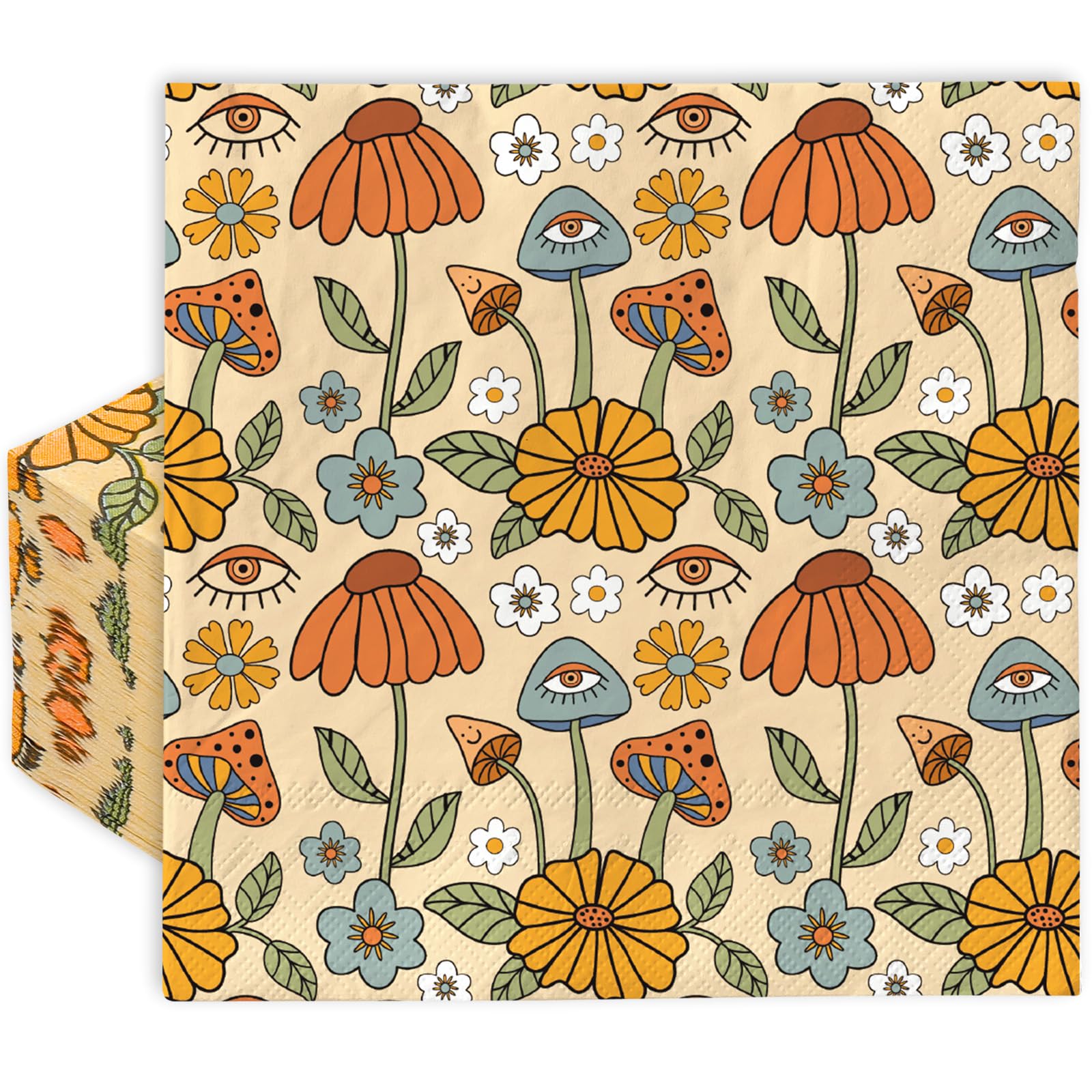 AnyDesign 80Pcs Boho Floral Paper Napkins Disposable Mushroom Flower Eyes Luncheon Napkins Retro Hippie Dessert Dinner Hand Napkin for Birthday Wedding Bridal Shower Tea Party, 6.5 x 6.5 Inch