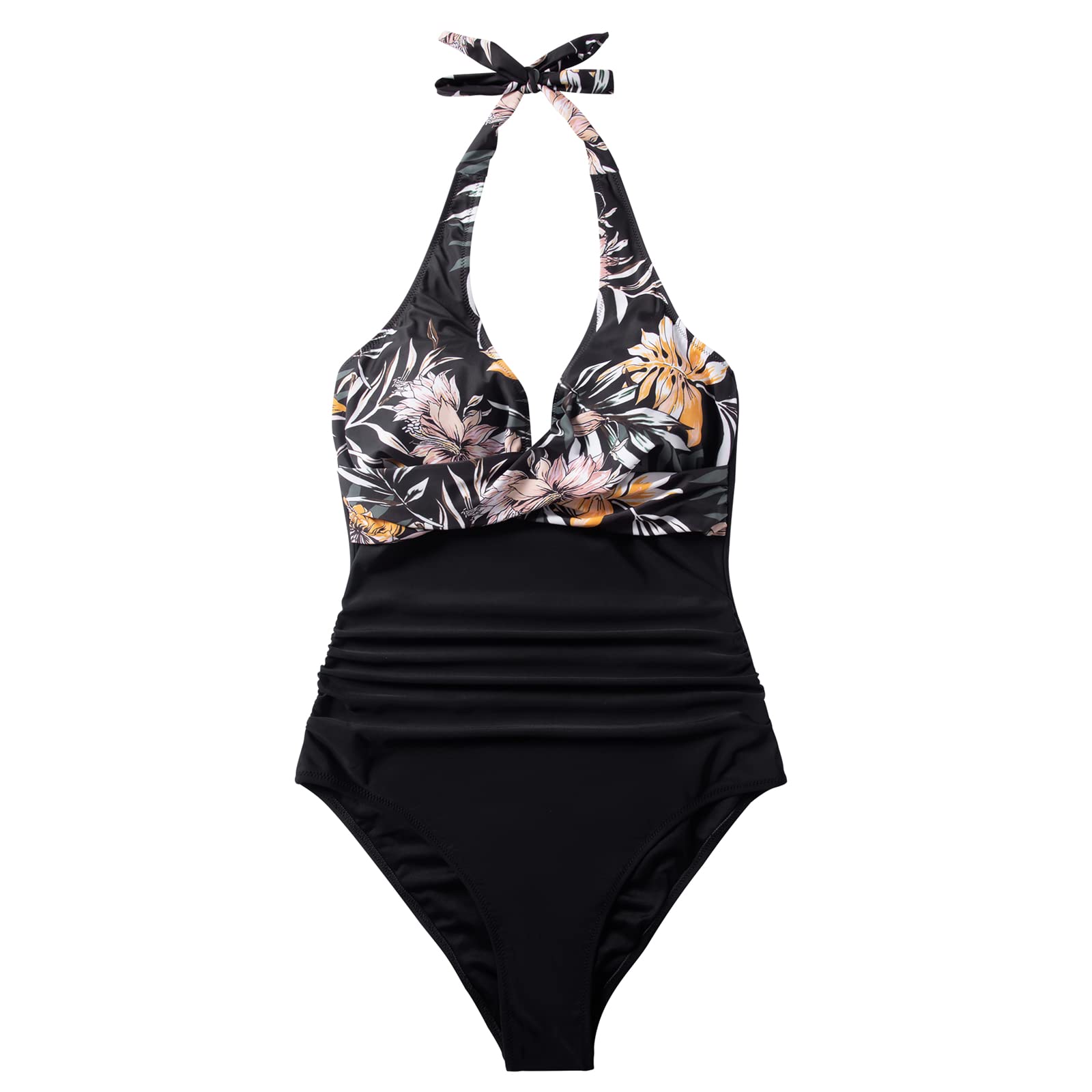 SUUKSESS Women Sexy Tummy Control One Piece Swimsuits Halter Push Up Monokini Bathing Suits (Retro Floral Black, XL)