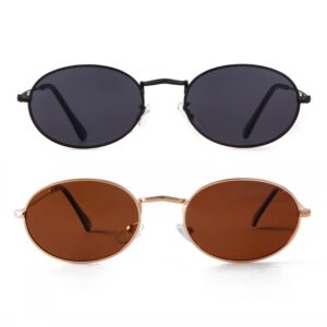 gifiore oval sunglasses vintage retro 90s sunglasses trendy designer glasses for women men (2 pack: black+brown)