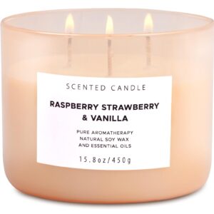 Raspberry Strawberry Vanilla Scented Candles for Home | Natural 3 Wick Soy Candle | Calming Aromatherapy Candle Gift for Women and Men | 15.8 Oz Large Relaxing Candle Highly Scented