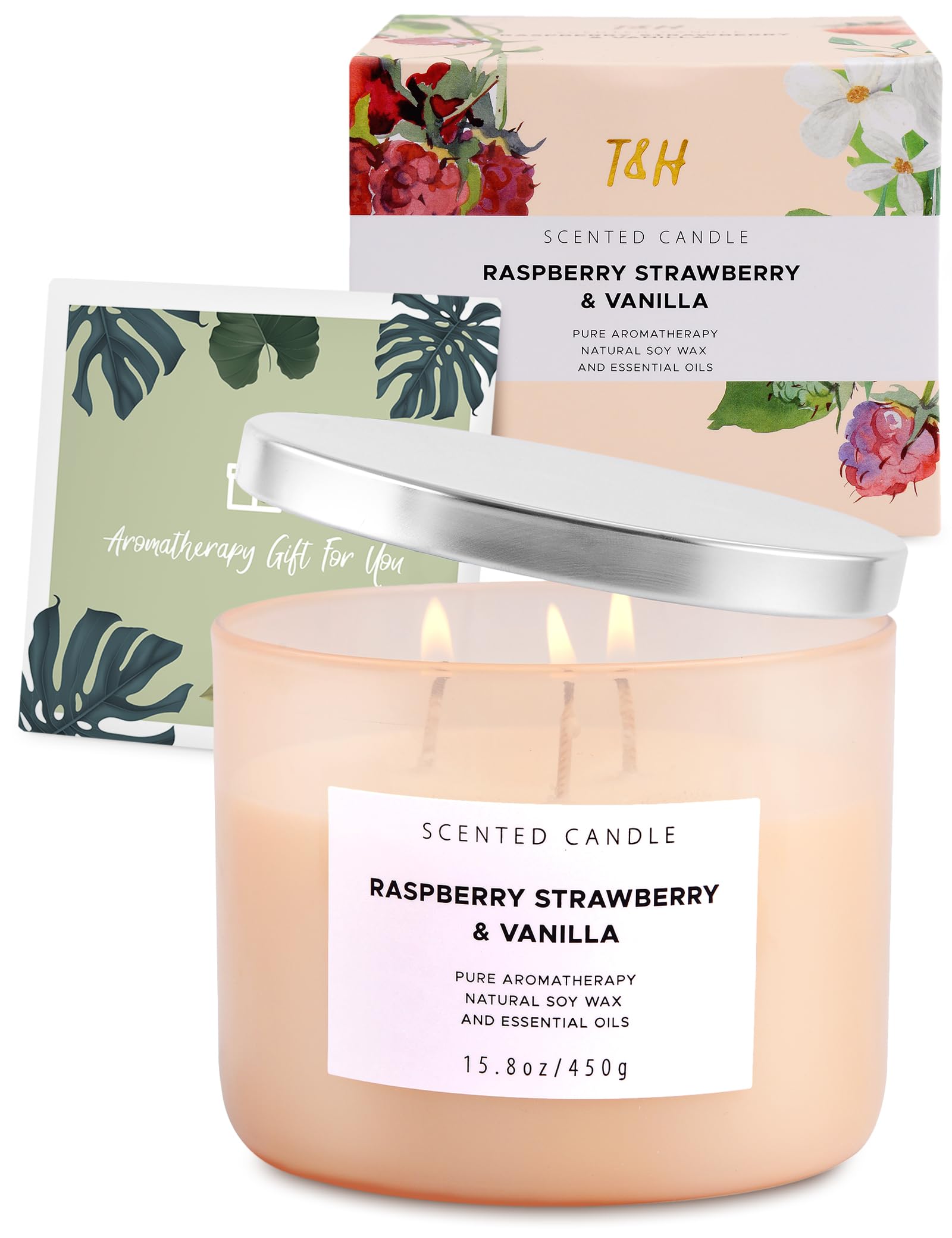 Raspberry Strawberry Vanilla Scented Candles for Home | Natural 3 Wick Soy Candle | Calming Aromatherapy Candle Gift for Women and Men | 15.8 Oz Large Relaxing Candle Highly Scented