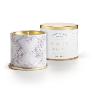 illume noble holiday collection winter white demi vanity tin candle, 3 oz