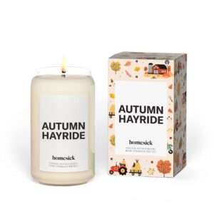 homesick premium scented candle, autumn hayride - scents of fresh hay, nutmeg, tonka, 13.75 oz, 60-80 hour burn, gifts, soy blend candle home decor, relaxing aromatherapy candle