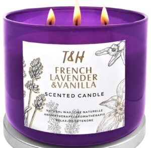 lavender vanilla aromatherapy candle 3-wick | scented candle for home | 15.8 oz large soy candle | relaxing candle with long lasting fragrance | decorative candle gift for women