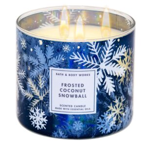 white barn bath and body works, 3-wick candle w-essential oils - 14.5 oz - 2020 holidays scents (frosted coconut snowball), white soy wax, blue and white jar print, gold lid, transparent glass