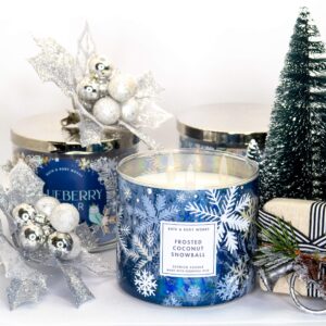 White Barn Bath and Body Works, 3-Wick Candle w-Essential Oils - 14.5 oz - 2020 Holidays Scents (Frosted Coconut Snowball), White Soy Wax, Blue and White Jar Print, Gold Lid, Transparent Glass