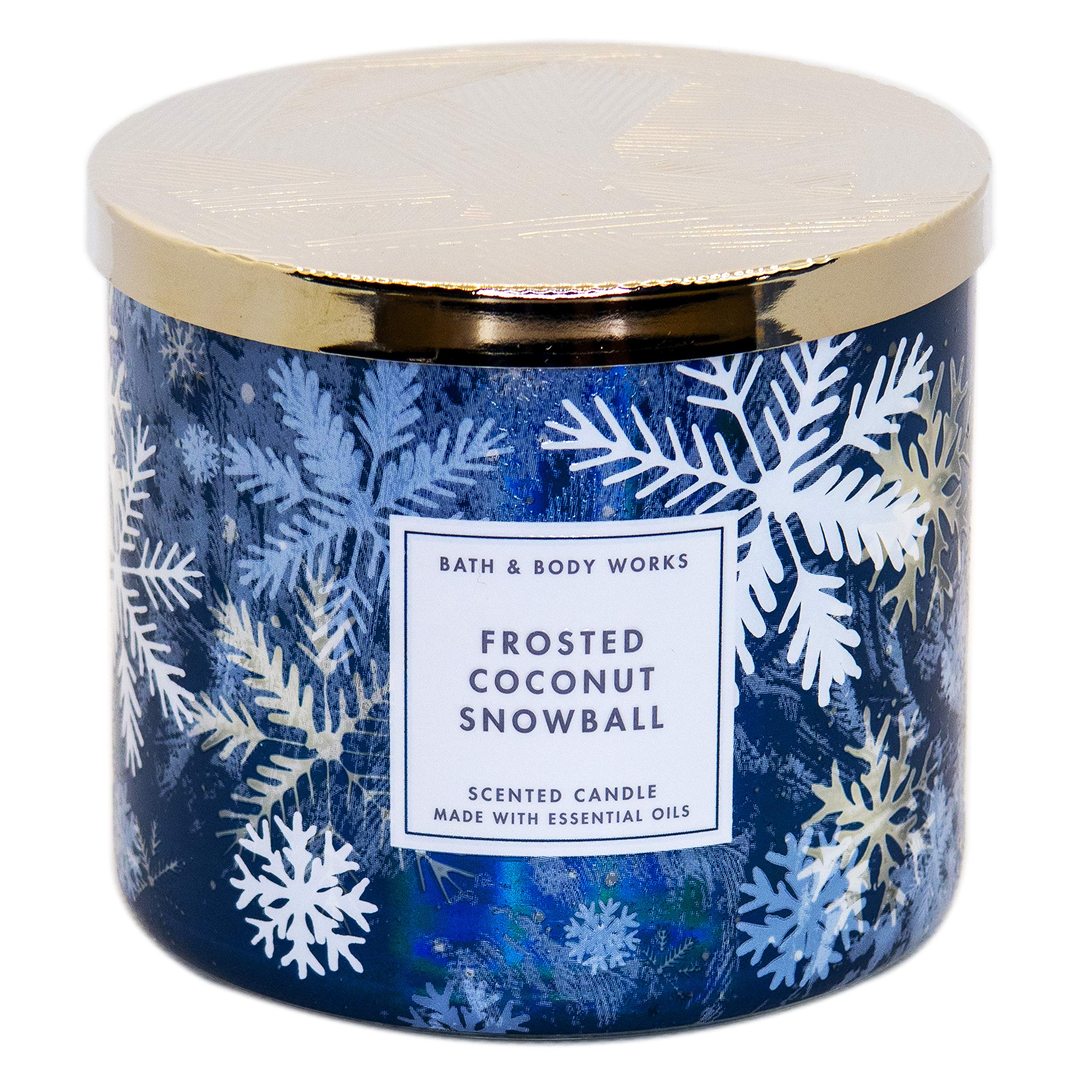 White Barn Bath and Body Works, 3-Wick Candle w-Essential Oils - 14.5 oz - 2020 Holidays Scents (Frosted Coconut Snowball), White Soy Wax, Blue and White Jar Print, Gold Lid, Transparent Glass