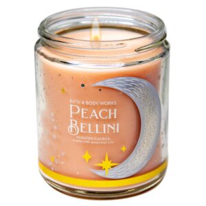 white barn bath and body works, 1-wick candle w/essential oils - 7 oz - 2020 holidays scents! (peachbellini), pink soy wax, multicolor jar print, transparent glass, black cap