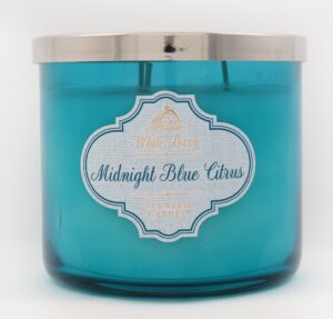 bath & body works white barn 3-wick candle in midnight blue citrus