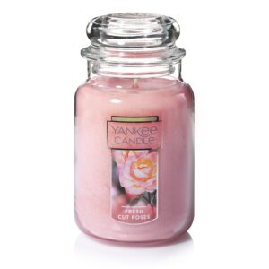 yankee candle fresh cut roses scented, premium 22oz single wick candle, over 110 hours of long-lasting aroma, ideal for home decor, gifting and events, classic large jar, pink