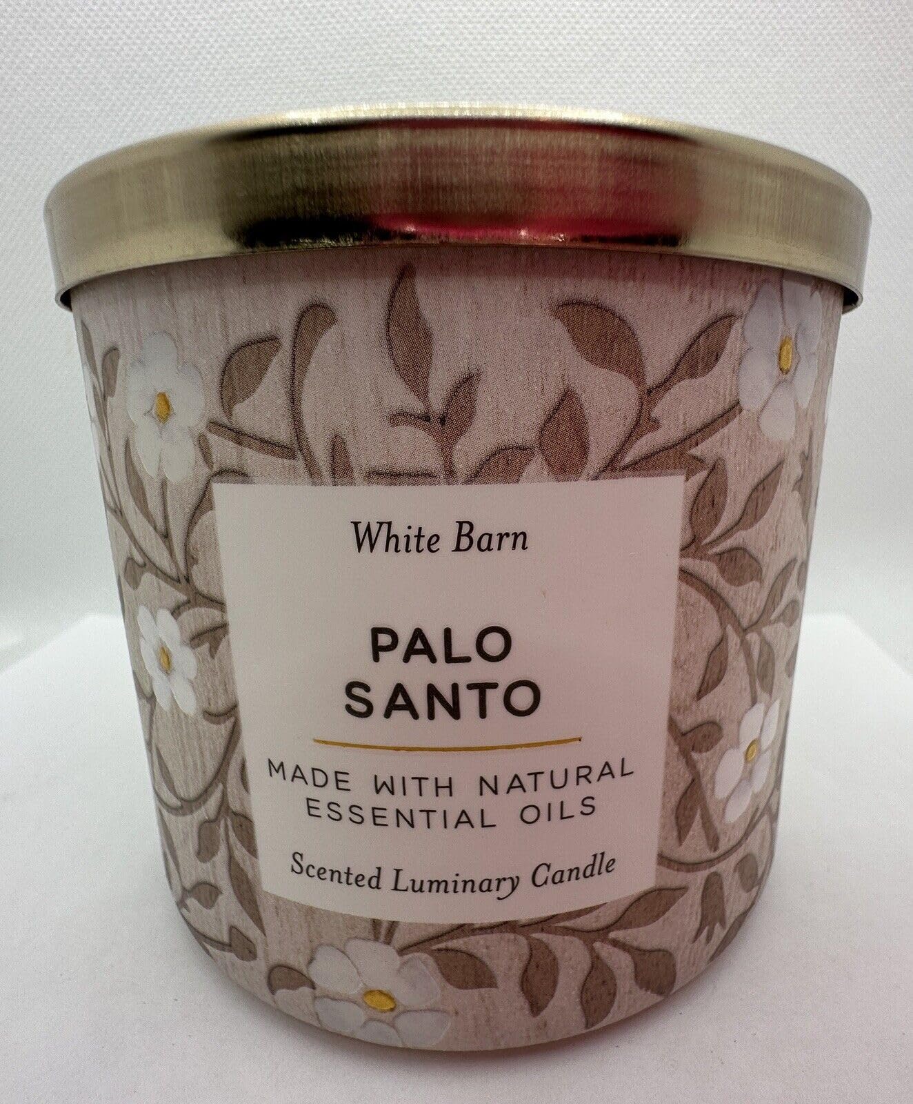 Palo Santo 3 Wick 14.5 Ounce Scented Candle Tan Label with Brown Leaves and White Flowers