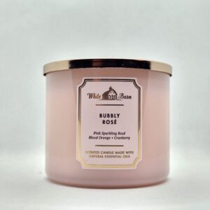 bath & body works, white barn 3-wick candle w/essential oils - 14.5 oz - new core scents! (bubbly rose) label artwork varies