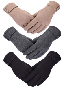 patelai 3 pairs womens gloves winter touchscreen texting phone windproof gloves fleece lined cold weather warm gloves (black, gray, khaki)