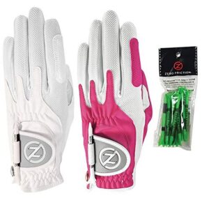 zero friction ladies compression-fit synthetic golf glove (2 pack with free pack of tees), universal fit one size, white/pink