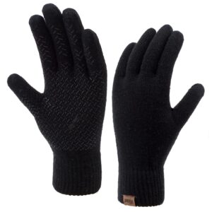 vigrace winter touchscreen gloves for men & women with 3 fingers dual-layer touch screen warm lined anti-slip thermal knit driving texting glove(black, large)