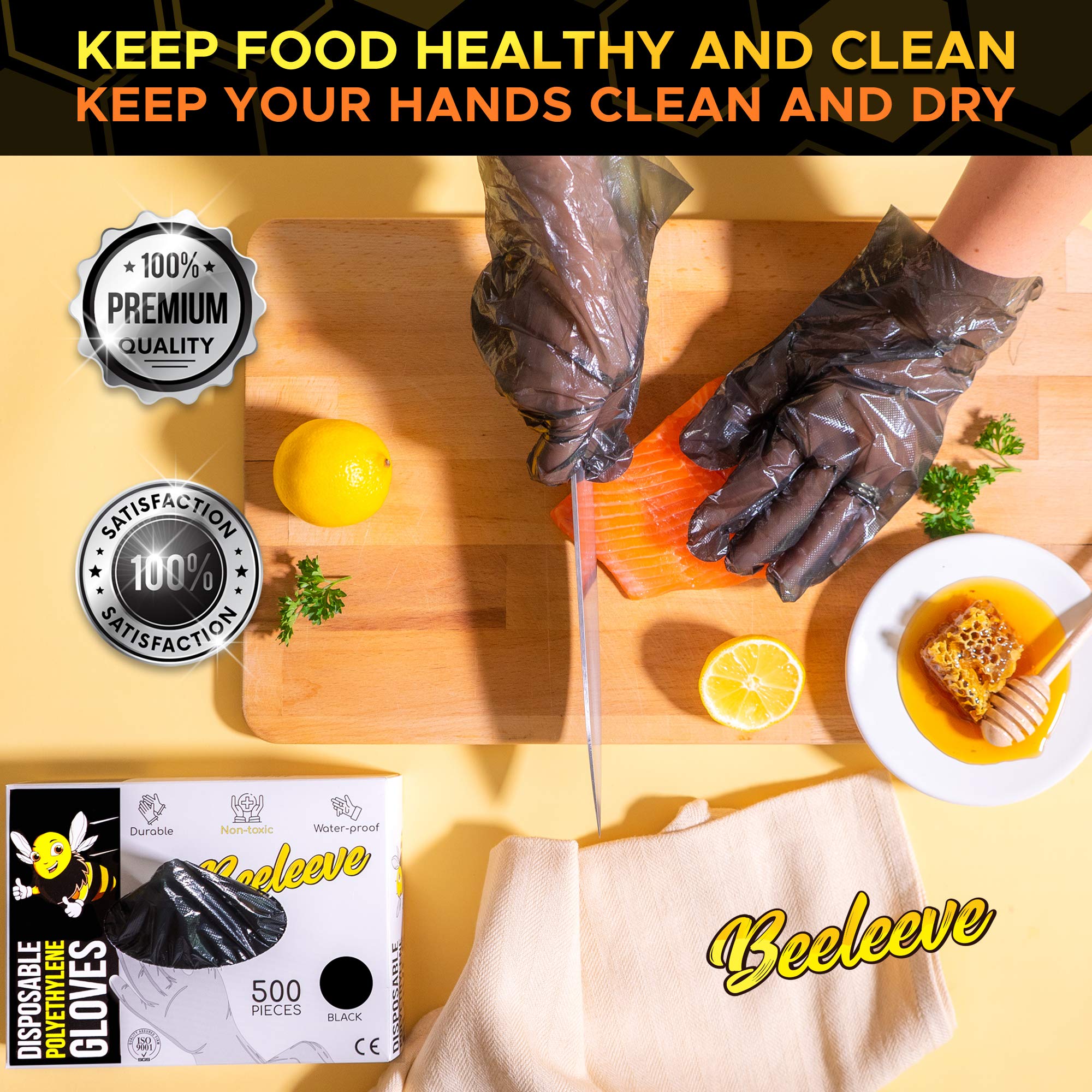 Beeleeve [500-Box Disposable Plastic Poly Gloves - One Size Fits Most - Color Variants - Single-Use Hand Covers for Food Safe Handling, Preparation, Kitchen, Cooking, Waterproof, Bulk (a - Clear)