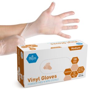 med pride vinyl gloves| medium box of 100| 4.3 mil thick, powder-free, non-sterile, heavy duty disposable gloves| professional grade for healthcare, medical, food handling, and more