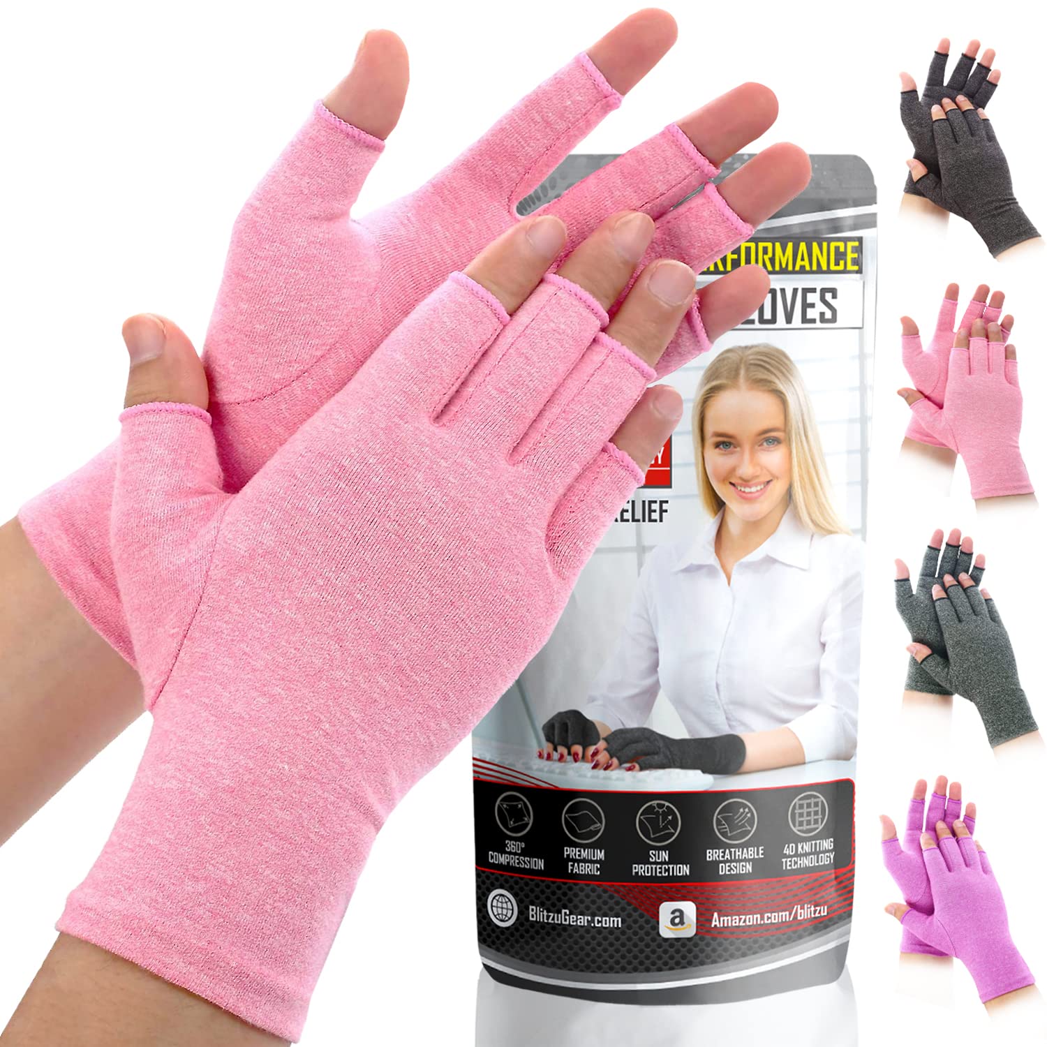 BLITZU Massage Gloves For Hands Copper Hands Arthritis Gloves Women Carpel Tunnel Relief Half Finger Gloves Fingerless Gloves For Women Compression Gloves For Arthritis For Women PINK M