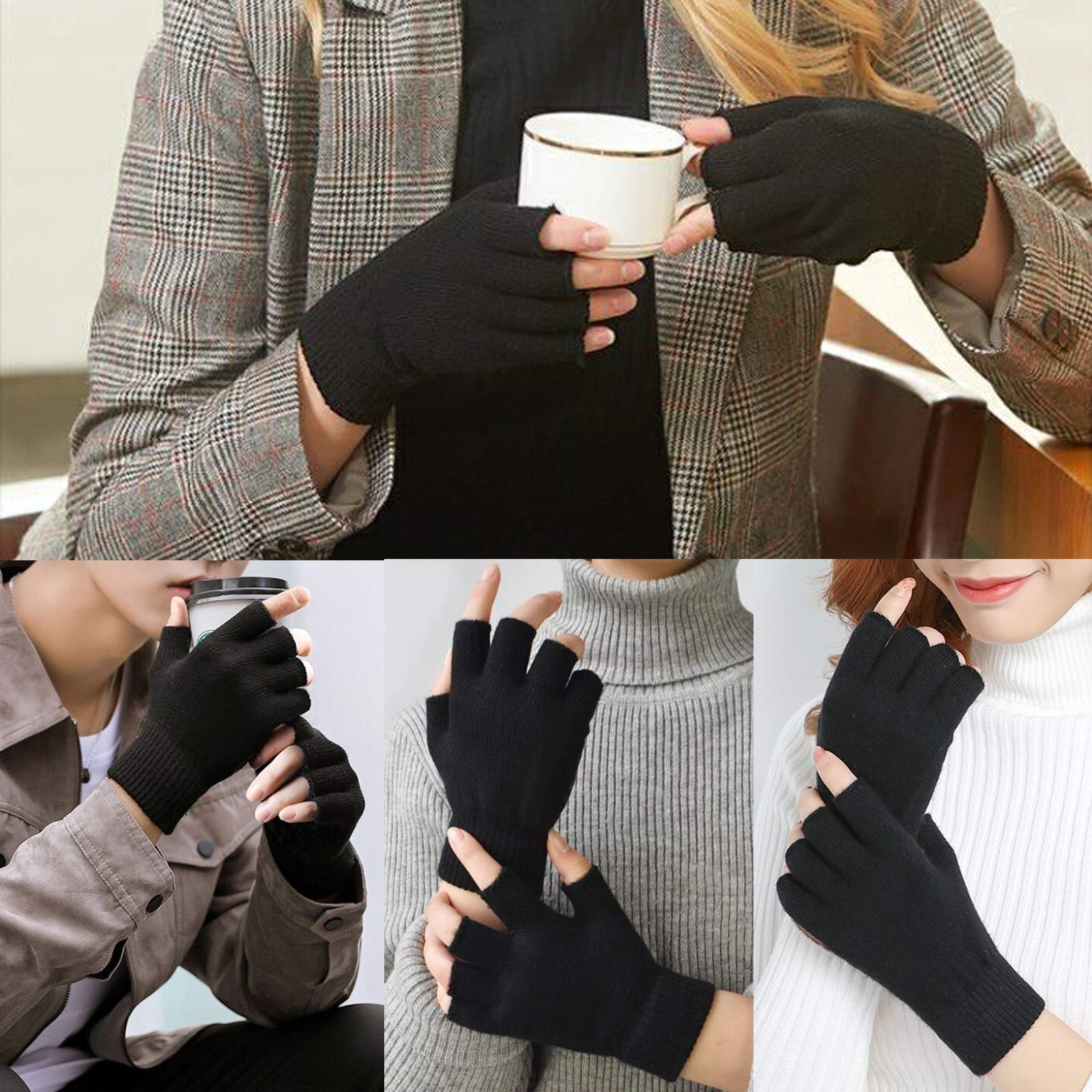 2 Pair Half Finger Gloves Winter Knit Touchscreen Warm Stretchy Mittens Fingerless Gloves in Common Size for Men and Women,black