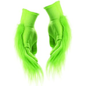 2pcs christmas green furry hand gloves adult for halloween role playing green monster costume accessories, full finger short bright fur furry gloves christmas dressing props