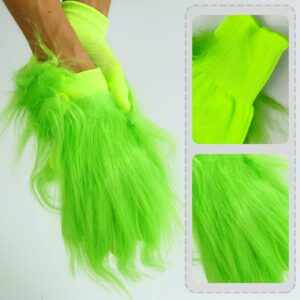 2pcs Christmas Green Furry Hand Gloves Adult for Halloween Role Playing Green Monster Costume Accessories, Full Finger Short Bright Fur Furry Gloves Christmas Dressing Props