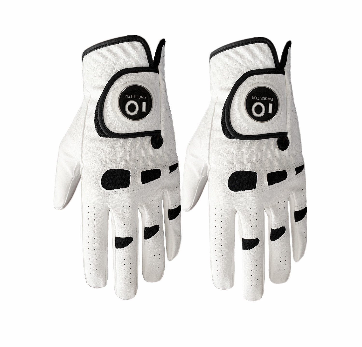 FINGER TEN Men’s Golf Glove Left Hand Right with Ball Marker Value 2 Pack, Weathersof Grip Soft Comfortable, Fit Size Small Medium ML Large XL (Large, Worn on Left Hand)