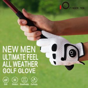 FINGER TEN Men’s Golf Glove Left Hand Right with Ball Marker Value 2 Pack, Weathersof Grip Soft Comfortable, Fit Size Small Medium ML Large XL (Large, Worn on Left Hand)