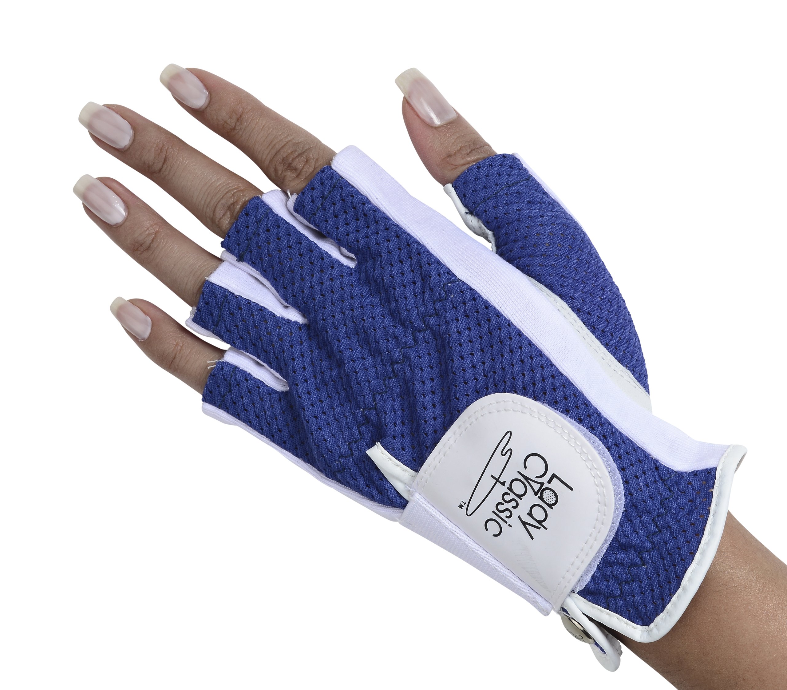 Lady Classic Cabretta Womens Solar Half 1/2 Finger Golf Glove - Left Hand, Royal Blue & White, Large (CLH03WTRB)