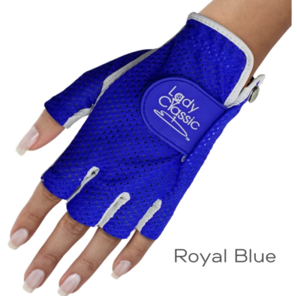 Lady Classic Cabretta Womens Solar Half 1/2 Finger Golf Glove - Left Hand, Royal Blue & White, Large (CLH03WTRB)