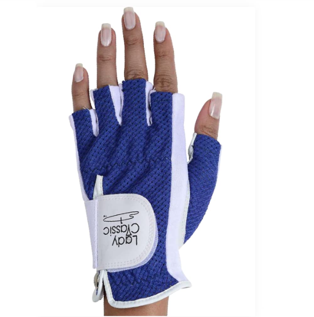 Lady Classic Cabretta Womens Solar Half 1/2 Finger Golf Glove - Left Hand, Royal Blue & White, Large (CLH03WTRB)