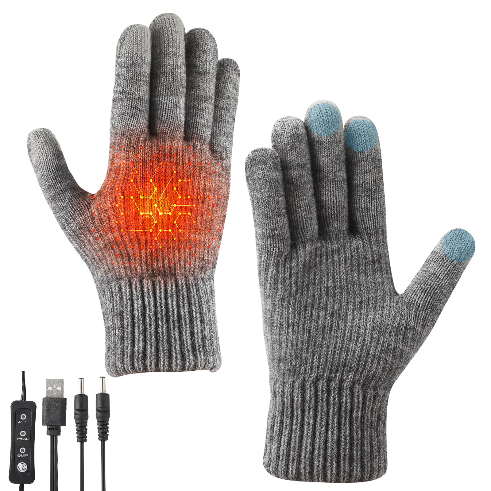 USB Heated Gloves, BicycleStore Warm Winter Heated Gloves with 3 Adjustable Temperature Electric Touchscreen Gloves Hand Warmers Work Gloves Unisex Washable Knitting Glove for Men Women Indoor Outdoor