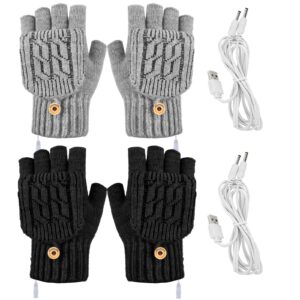 2 pairs usb heated gloves fingerless usb hand warmers electric hand warmer hand warming gloves with button heated mittens (navy, gray,delicate style)