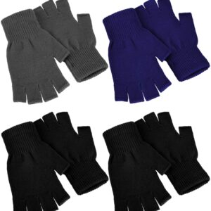 SATINIOR 4 Pairs Winter Half Finger Gloves Knitted Fingerless Mittens Warm Stretchy Gloves for Men and Women (Black, Grey, Blue)