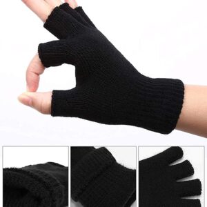 SATINIOR 4 Pairs Winter Half Finger Gloves Knitted Fingerless Mittens Warm Stretchy Gloves for Men and Women (Black, Grey, Blue)