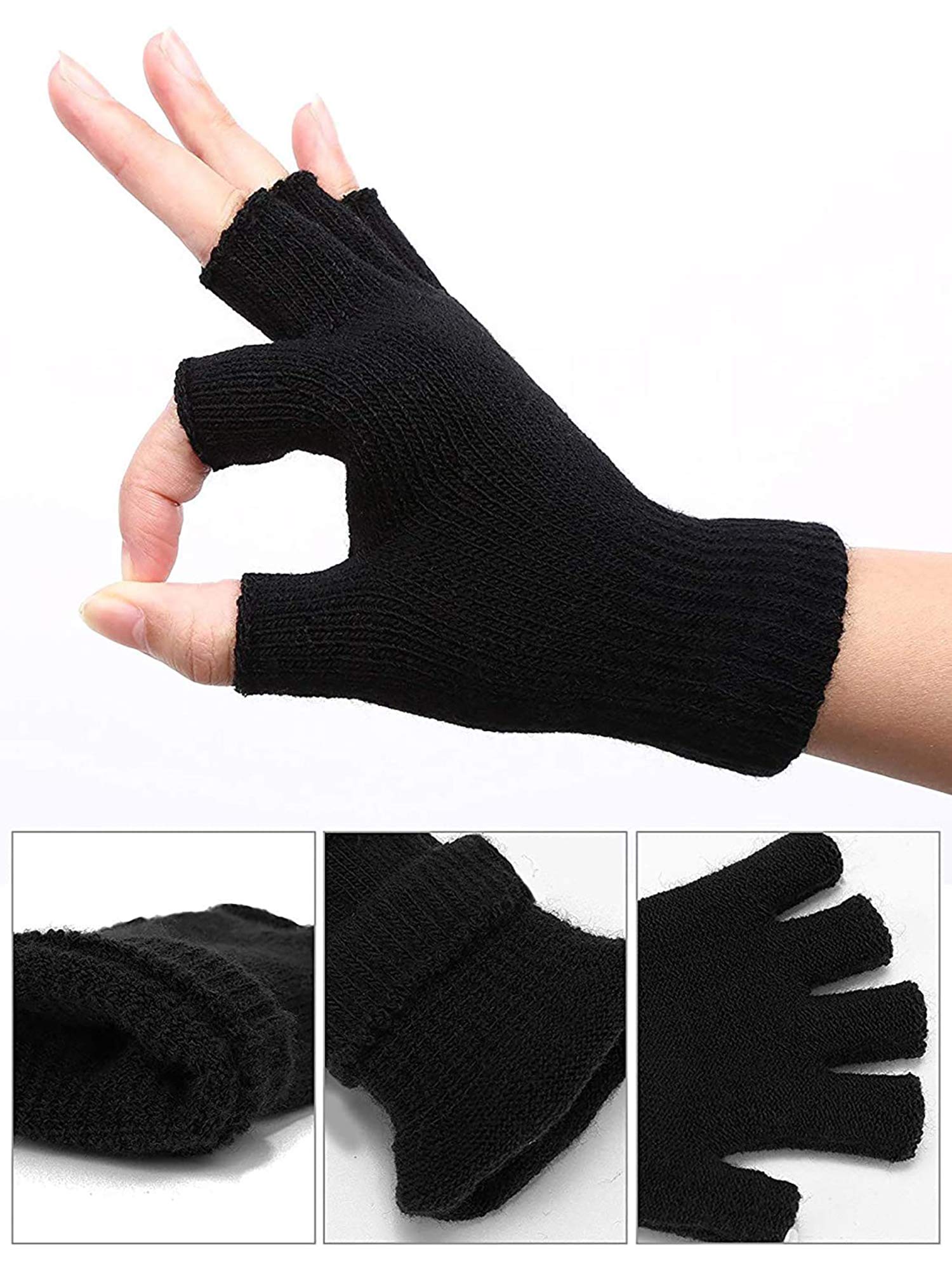 SATINIOR 4 Pairs Winter Half Finger Gloves Knitted Fingerless Mittens Warm Stretchy Gloves for Men and Women (Black, Grey, Blue)