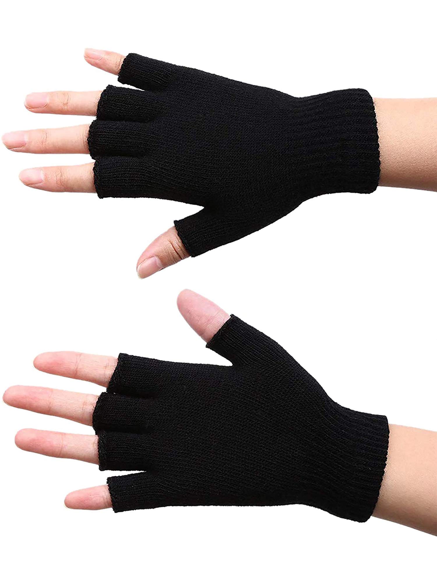 SATINIOR 4 Pairs Winter Half Finger Gloves Knitted Fingerless Mittens Warm Stretchy Gloves for Men and Women (Black, Grey, Blue)