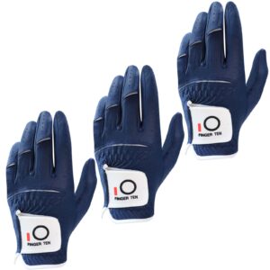 finger ten golf gloves men left hand rain grip glove for right handed golfer value 3 pack, all weather durable grip size small medium large xl white black blue (navy, medium/large, left)